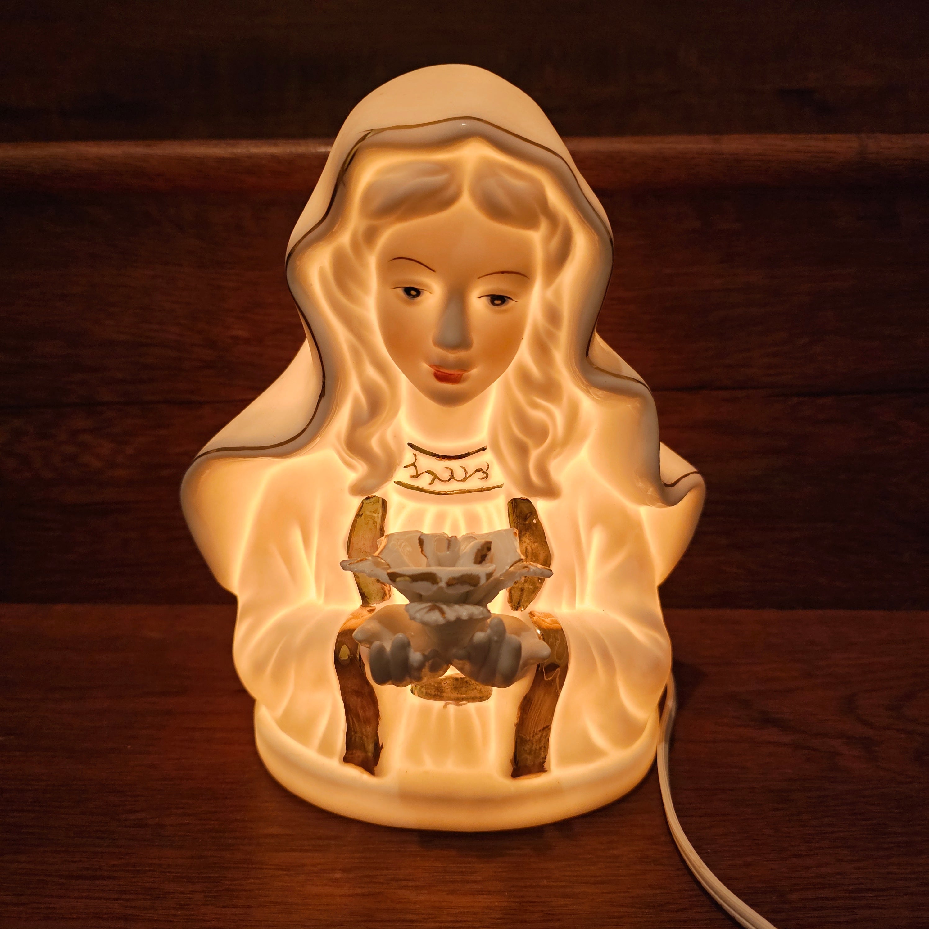 White Bisque Ceramic Virgin Mary Electric Plug In Night Light with Gol ...